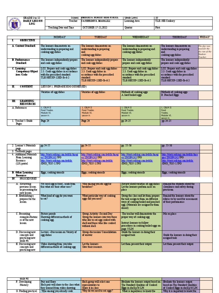 Cookery 10 DLL 1 | PDF | Learning | Egg As Food