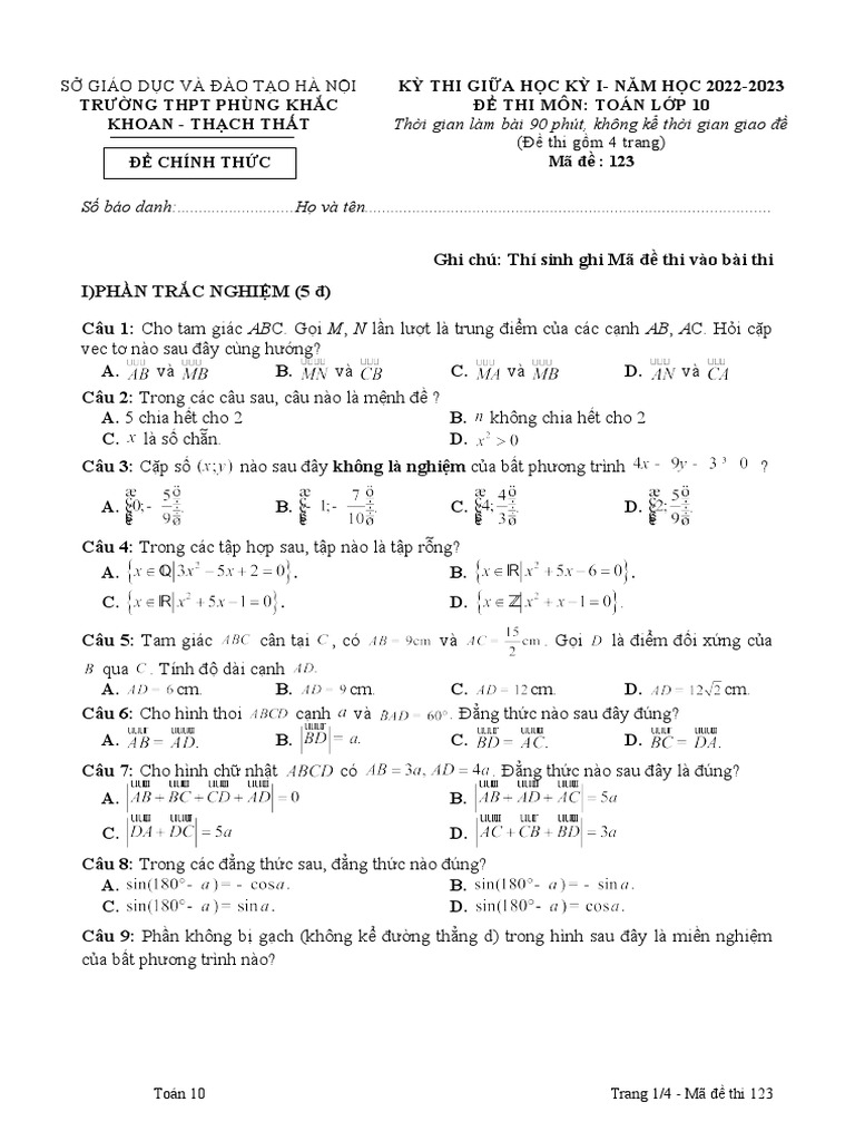 De Giua Ky 1 Toan 10 Nam 2022 2023 Truong THPT Phung Khac Khoan Ha Noi | PDF