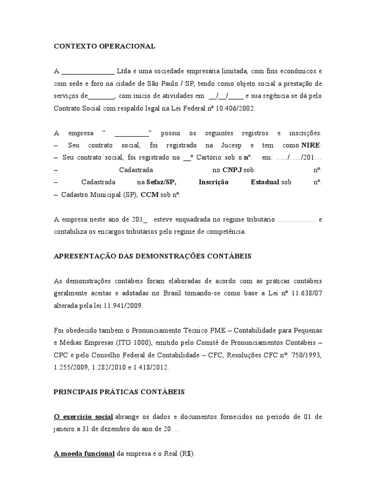 Modelo - Notas Explicativas | Download grátis PDF | Contabilidade ...