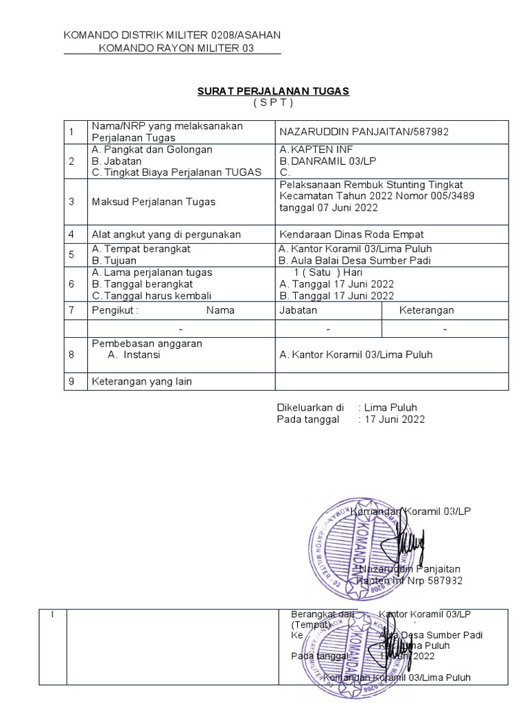Surat Perintah Tugas Danramil 03/LP | PDF