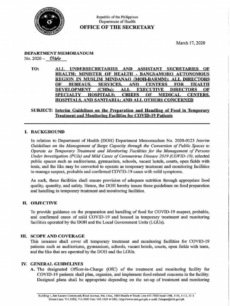 DOH Guidelines For Temp Covid Facility | PDF | Foods | Vitamin