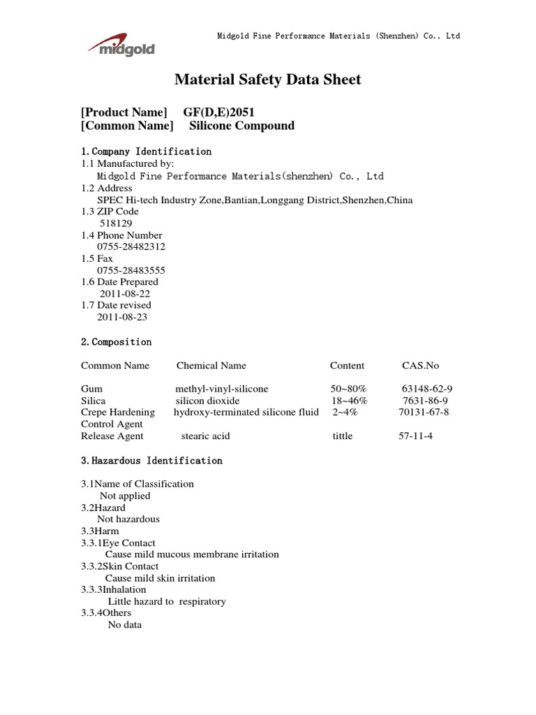 Midgold Fine Performance Materials MSDS for Silicone Compound GF(D,E ...