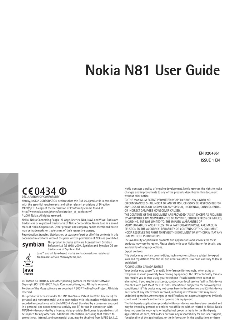 Nokia N81 User Guide: EN 9204651 Issue 1 en | PDF | Bluetooth | Headphones