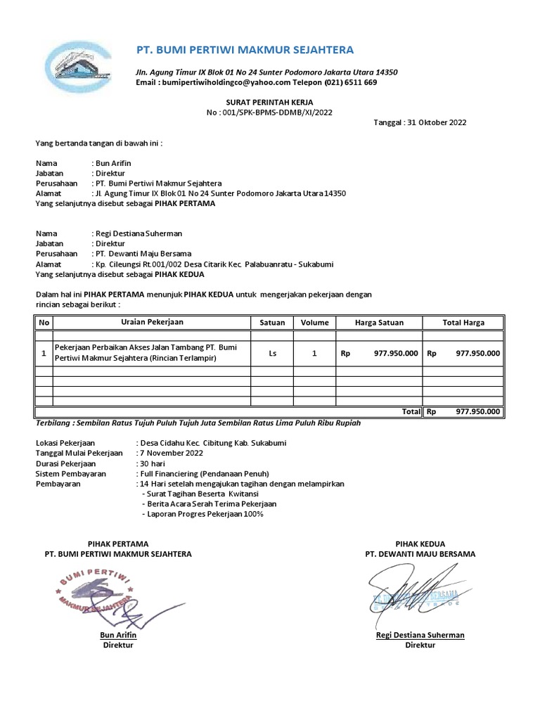 SPK Perbikan Jalan (001-Pt BPMS-PT DMB) - 032233 | PDF