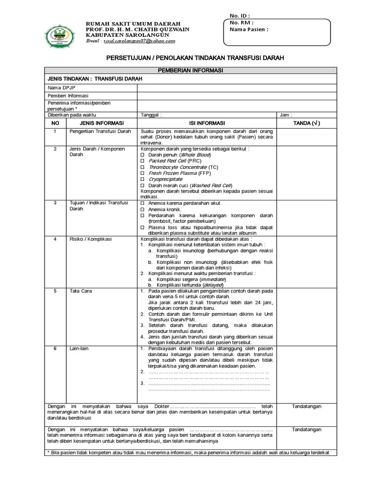 Lembar-Informed-consent-transfusi-darah RSUD SAROLANGUN | PDF