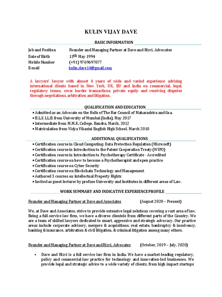 Kulin Dave CV 1618038628 | Download Free PDF | Lawyer | Regulatory ...