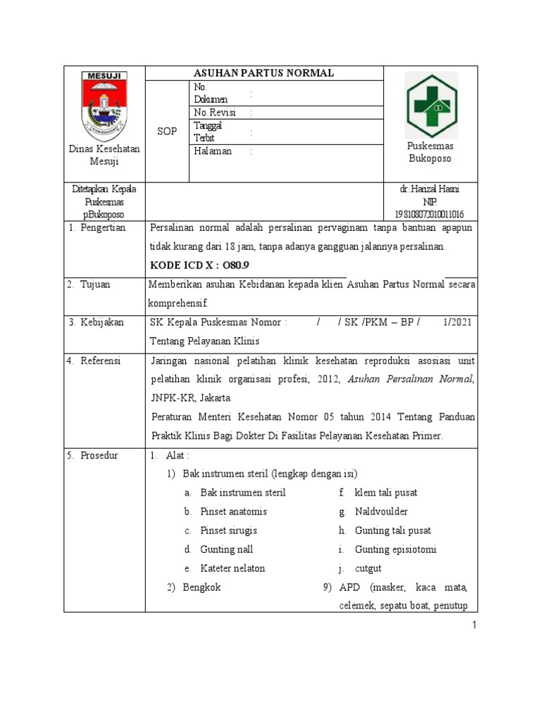 SOP 1 Partus Normal | PDF | Kesehatan Holistik