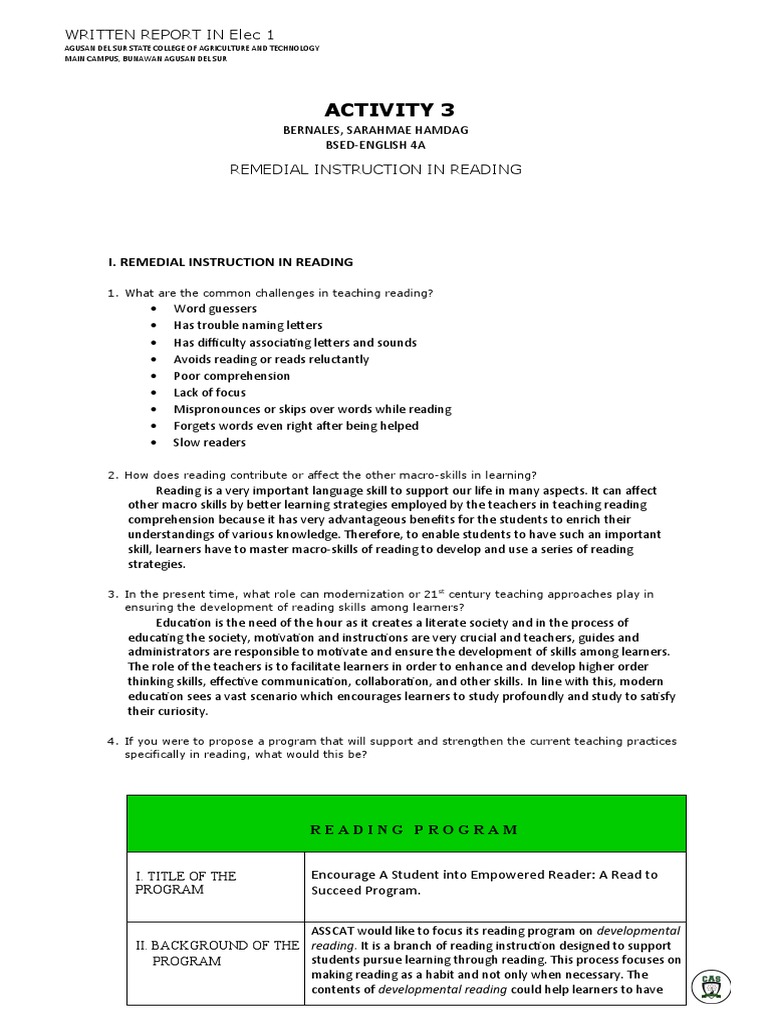 Remedial Instruction in Reading | PDF | Learning | Teaching Method