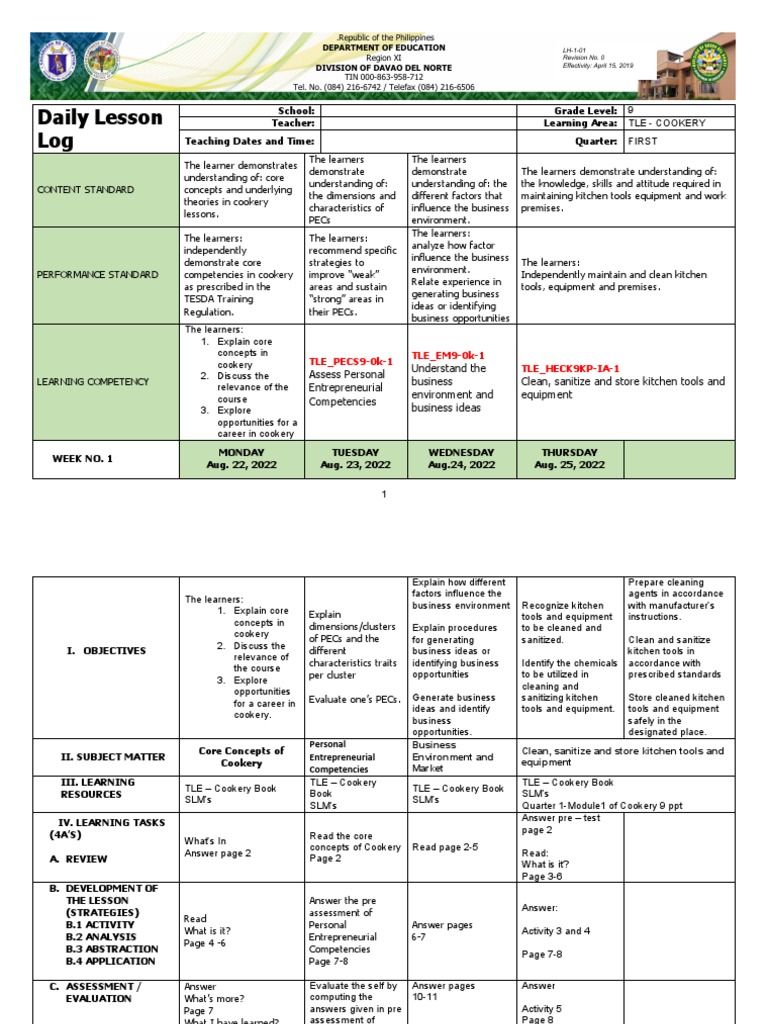 DLL G9 COOKERY (Week1) | PDF | Learning | Reading Comprehension