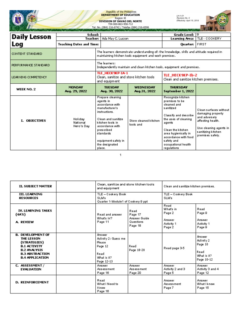 Cookery 9: Week 2 Lesson Plan | PDF | Reading Comprehension | Learning