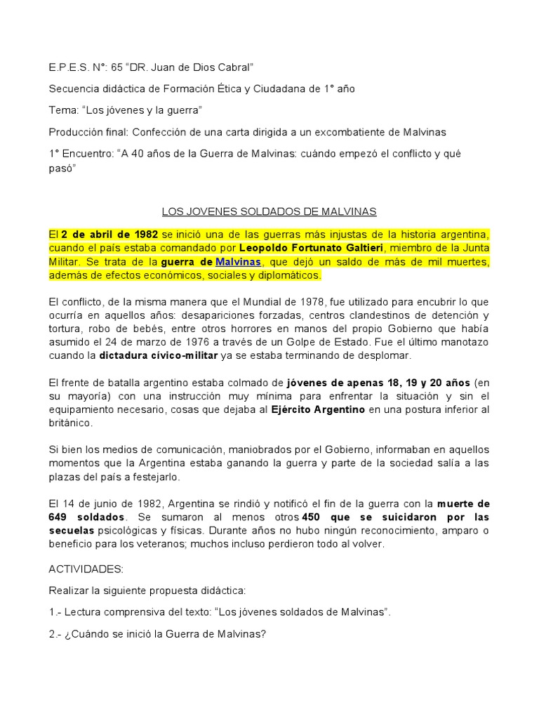 Secuencia Didáctica: Héroes de Malvinas | PDF | Argentina | Militar