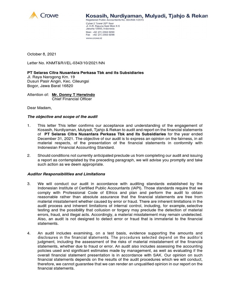 Audit Engagement Confirmation Letter | PDF | Financial Audit | Internal ...