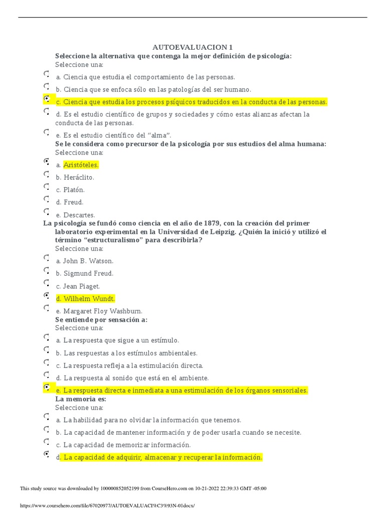 Autoevaluaci N 01 | PDF | Sicología | Neurociencia