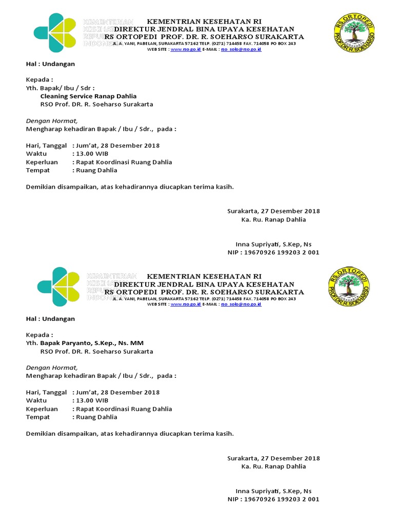 Undangan Rapat Koordinasi Ruang Dahlia Rs Ortopedi Prof Dr R
