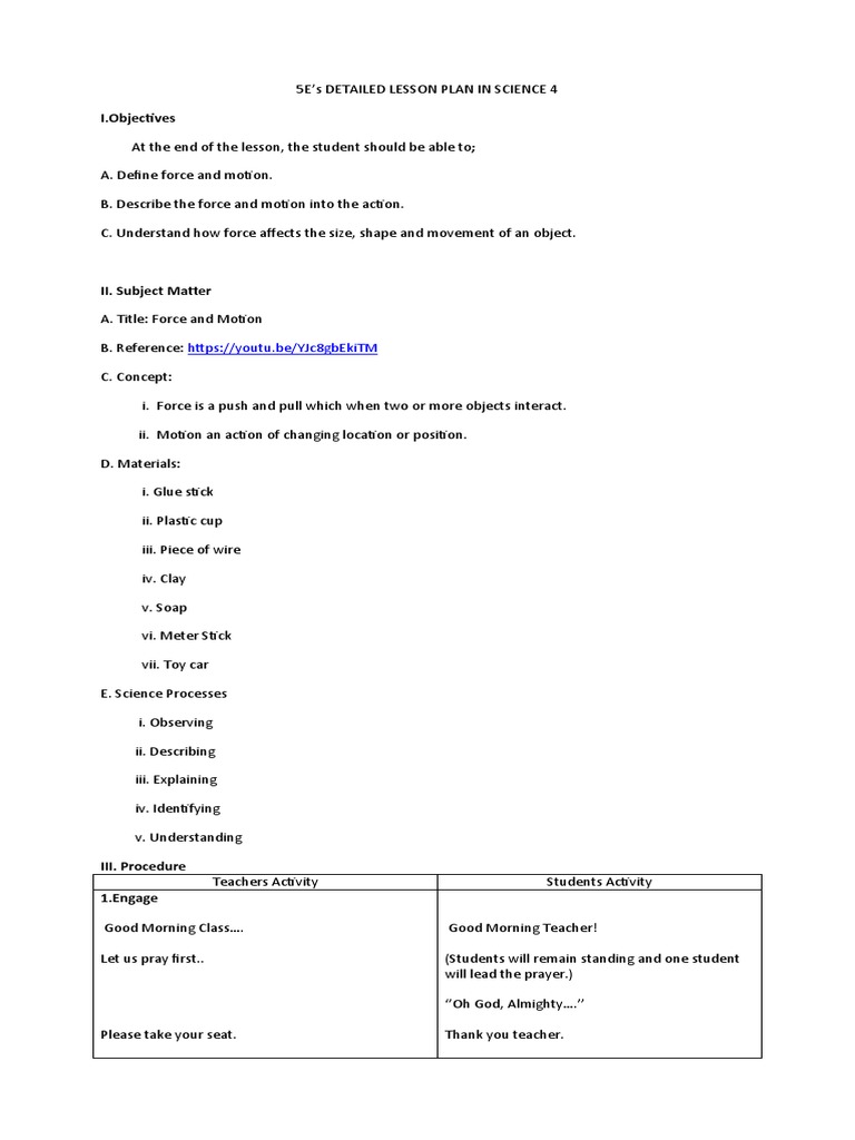 5es Detailed Lesson Plan | PDF | Force | Newton's Laws Of Motion