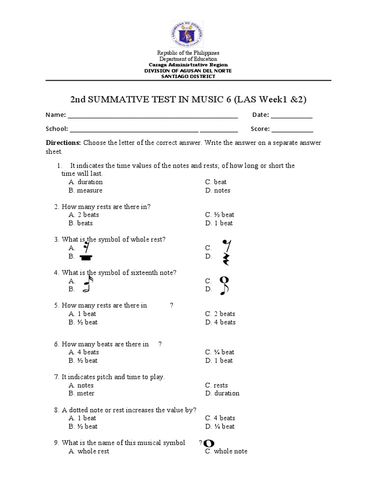 Music 6 Summative Test 2 | PDF | Musicology | Notation