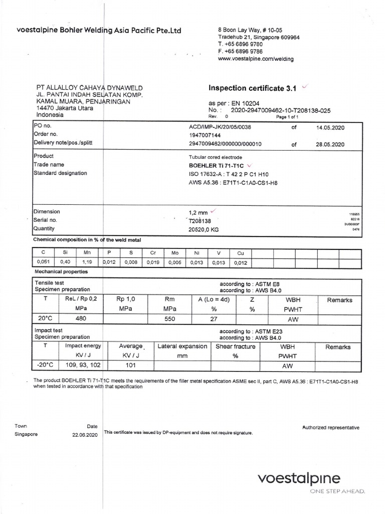 Inspection Certificate for Tubular Cored Electrode from voestalpine ...