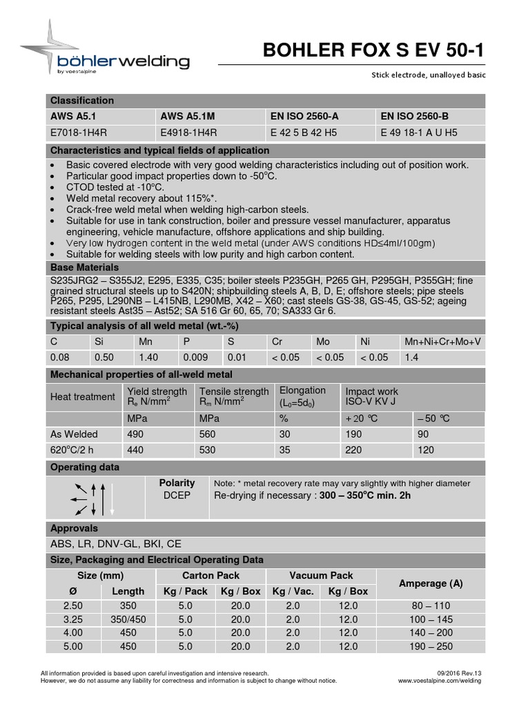 SMAW Bohler Fox S EV 50 1 E7018 1H4R | PDF | Steel | Construction