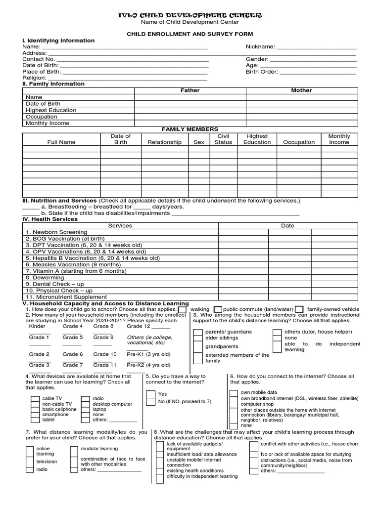 Child Enrollment and Survey Form - IVLO | PDF | Internet | Breastfeeding