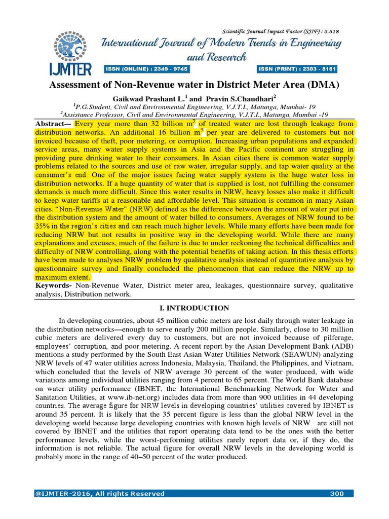 Assessment of Non Revenue Water in District Meter Area Dma | PDF ...