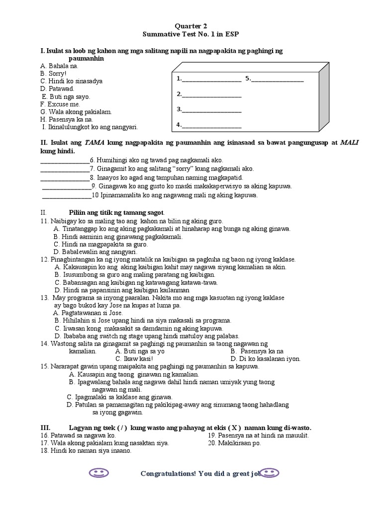ESP 4, Quarter 2 Summative Test | PDF
