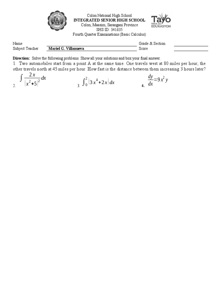 4th Grading Exam Basic Calculus 2017-2018 | PDF | Calculus ...