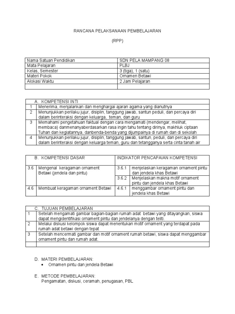 RPP PLBJ Kelas 3: Ornamen Betawi | PDF | Karier & Perkembangan | Seni