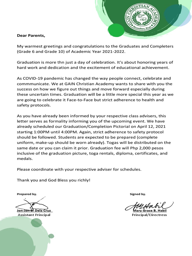 G6 and G10 Letter For Graduation. | PDF