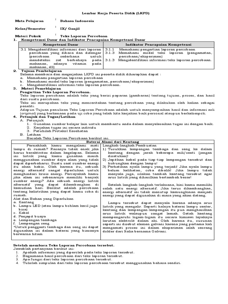 LKPD Bindo KLS 9 | PDF