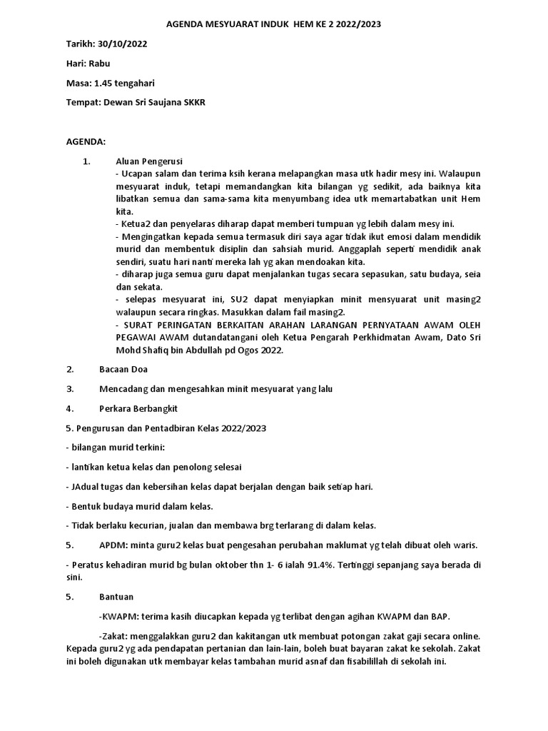 Mesyuarat Induk HEM SKKR 2022/2023 | PDF