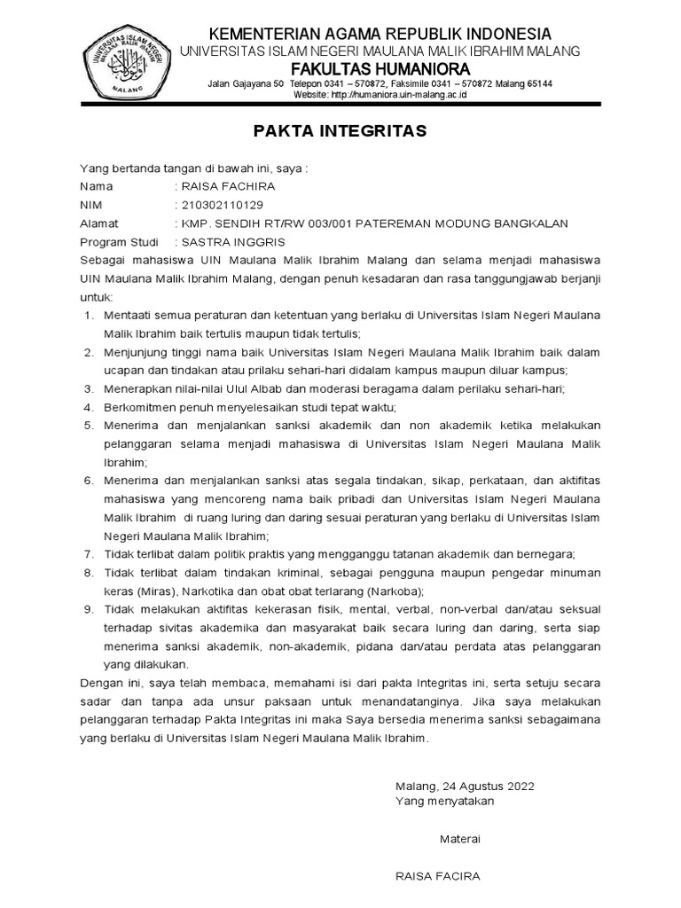 Pakta Integritas Mahasiswa UIN Malang | PDF