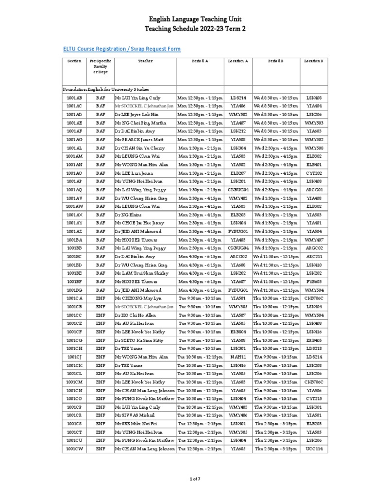Header Teaching Schedule ELTU Webpage | PDF
