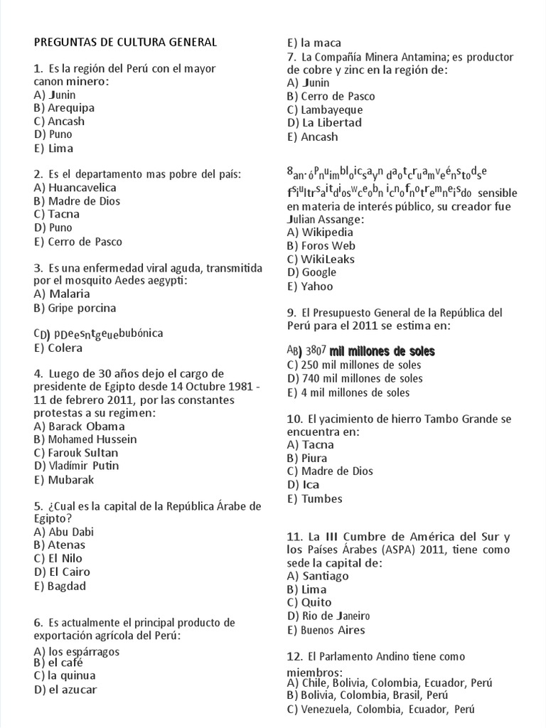 PDF Preguntas de Cultura General | PDF | Perú | América del Sur