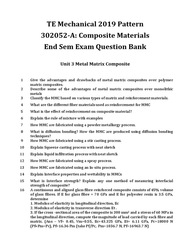TE Mechanical 2019 Pattern 302052-A: Composite Materials End Sem Exam Question Bank | PDF ...