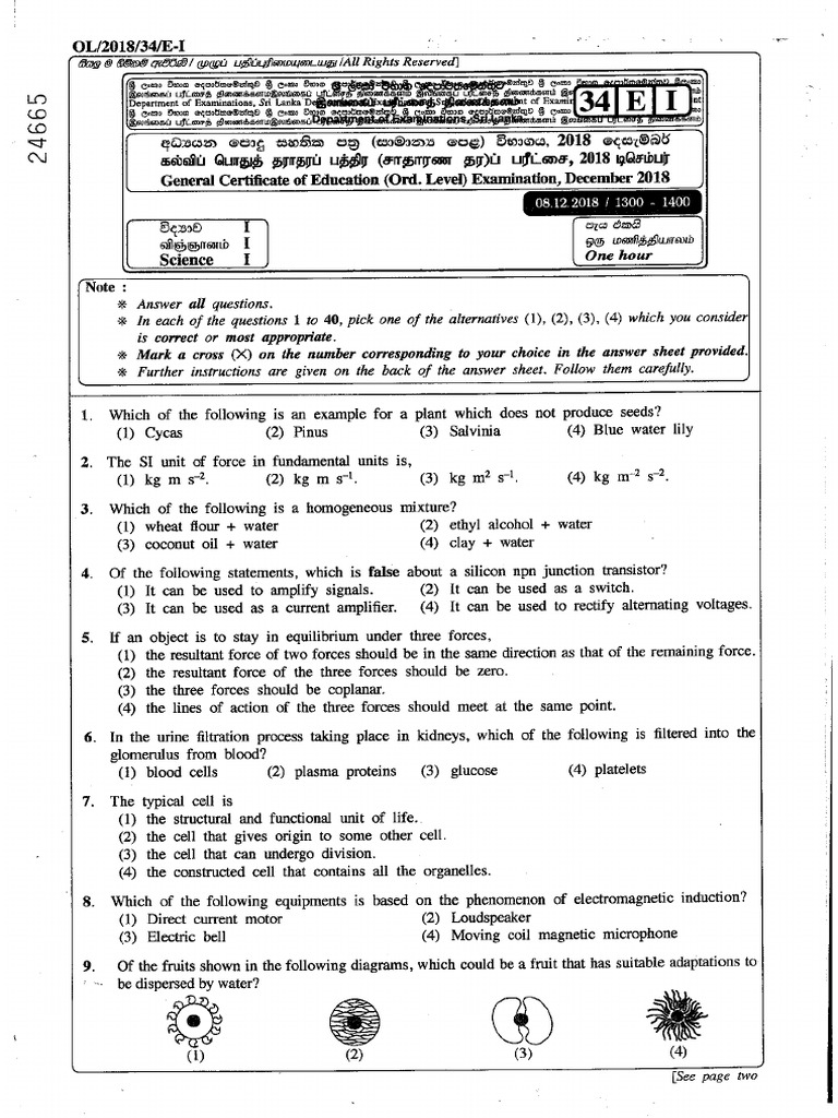 2018 OL Science Past Paper English Medium | PDF