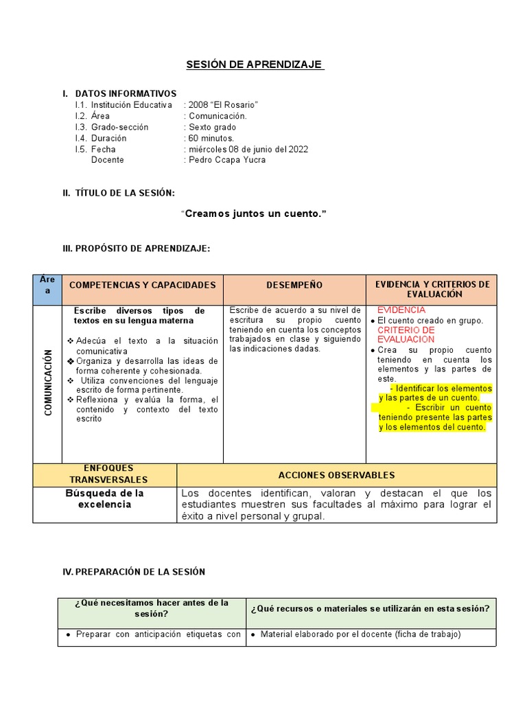 Sesión de Aprendizaje Comunicacion - Escribamos Un Cuento | PDF | Evaluación | Comunicación