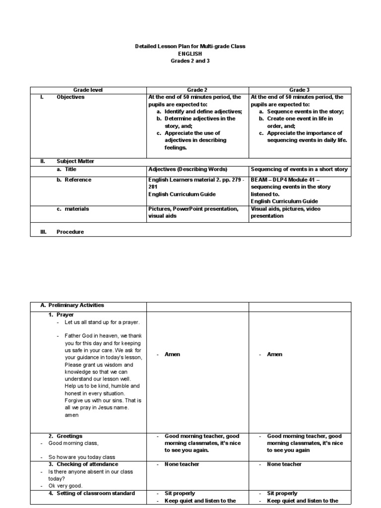 Multi-Grade Lesson Plan in English | PDF | Prayer | Teachers