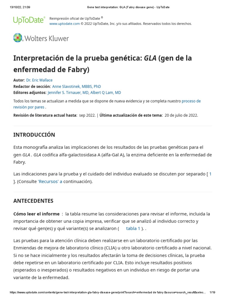 Gene Test Interpretation - GLA (Fabry Disease Gene) - UpToDate | PDF ...