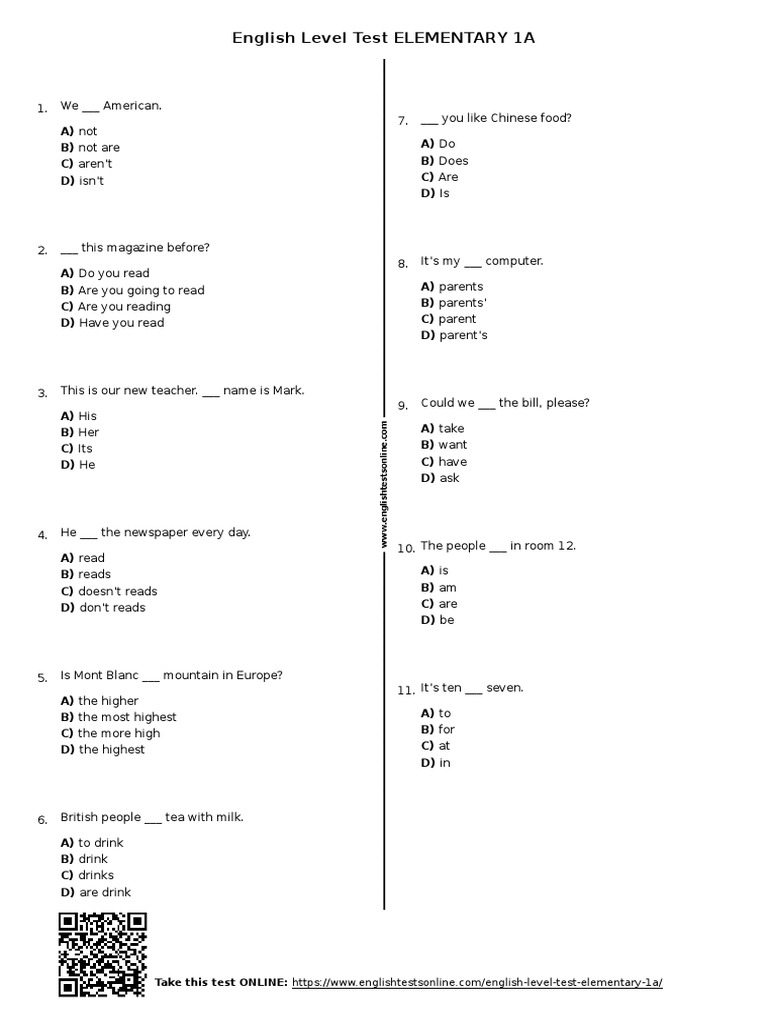 English Level 1 Test for Kids | PDF