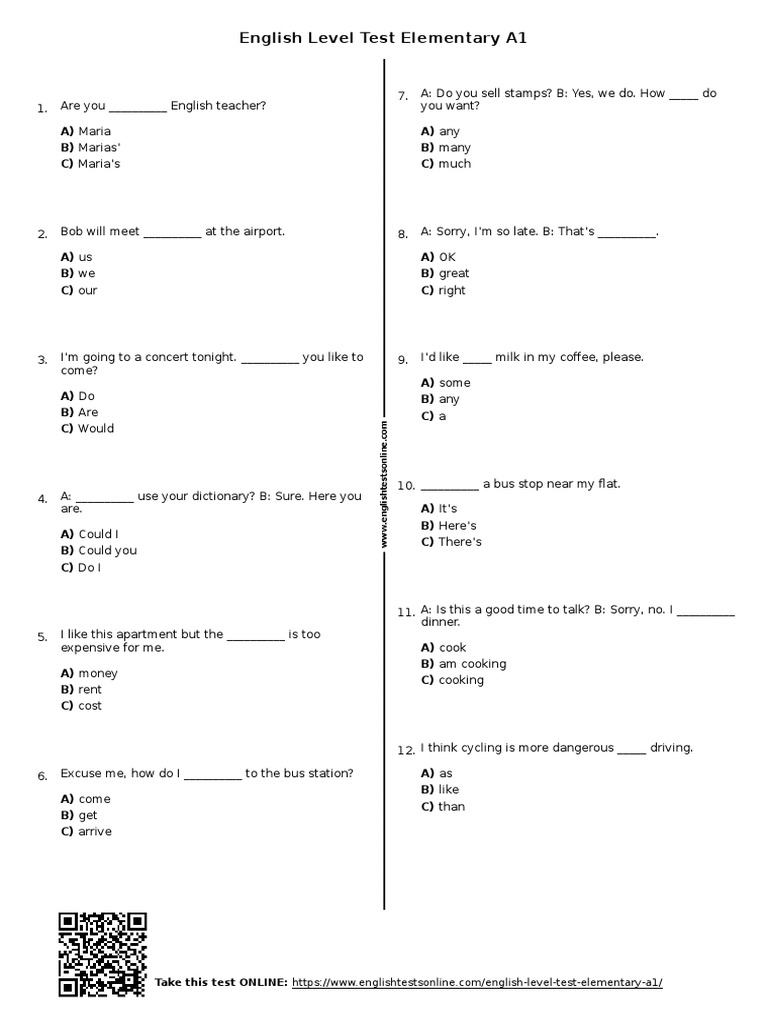 543 - English Level Test Elementary A1 | PDF