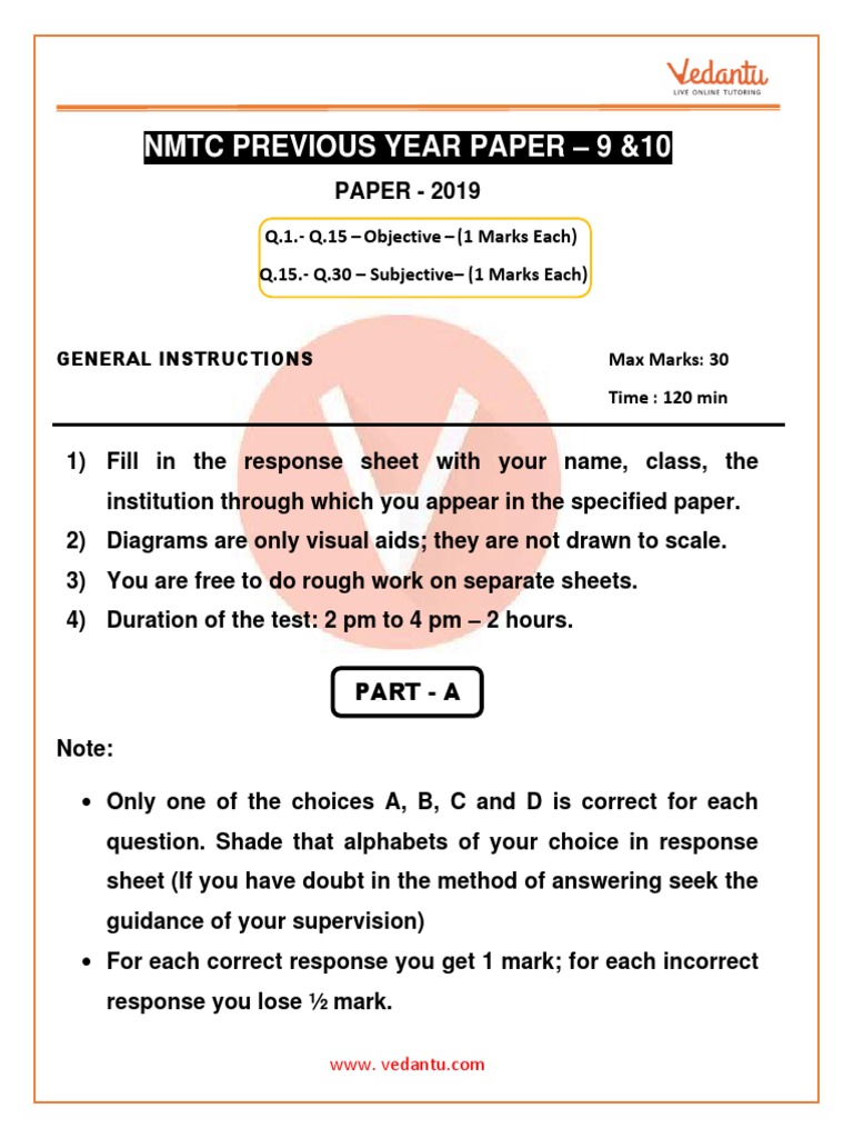 NMTC-2022 - Previous Year Question Papers For Class 9 and 10 | PDF ...