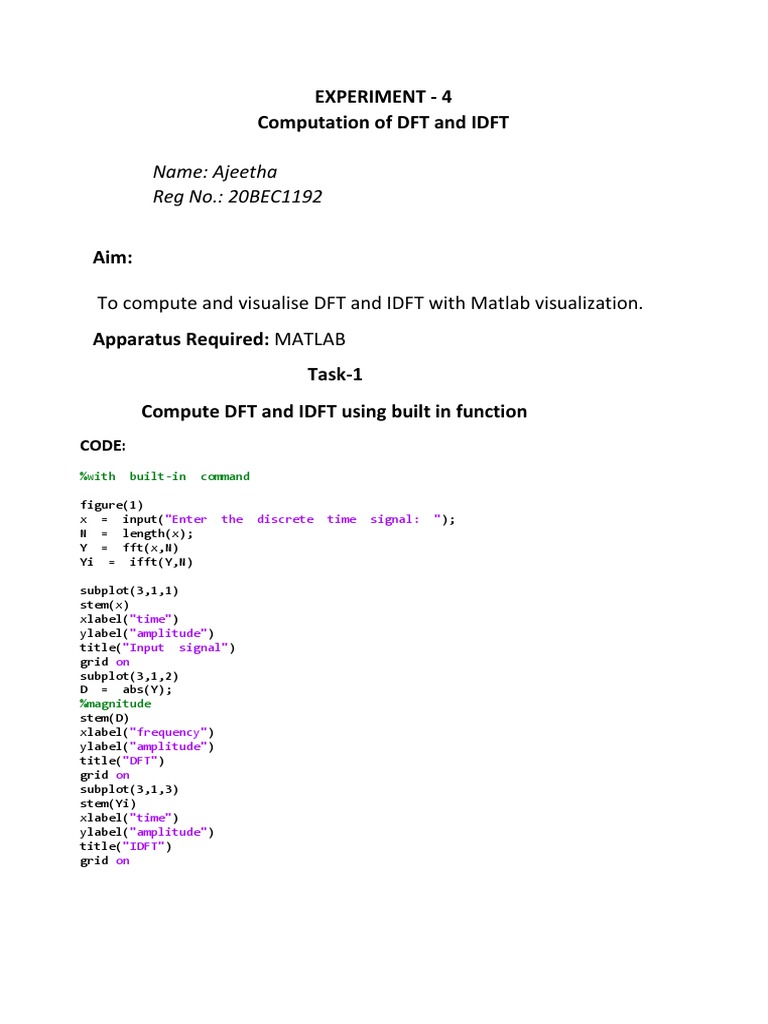 20BEC1192 DSP 4 | PDF | Discrete Fourier Transform | Fast Fourier Transform