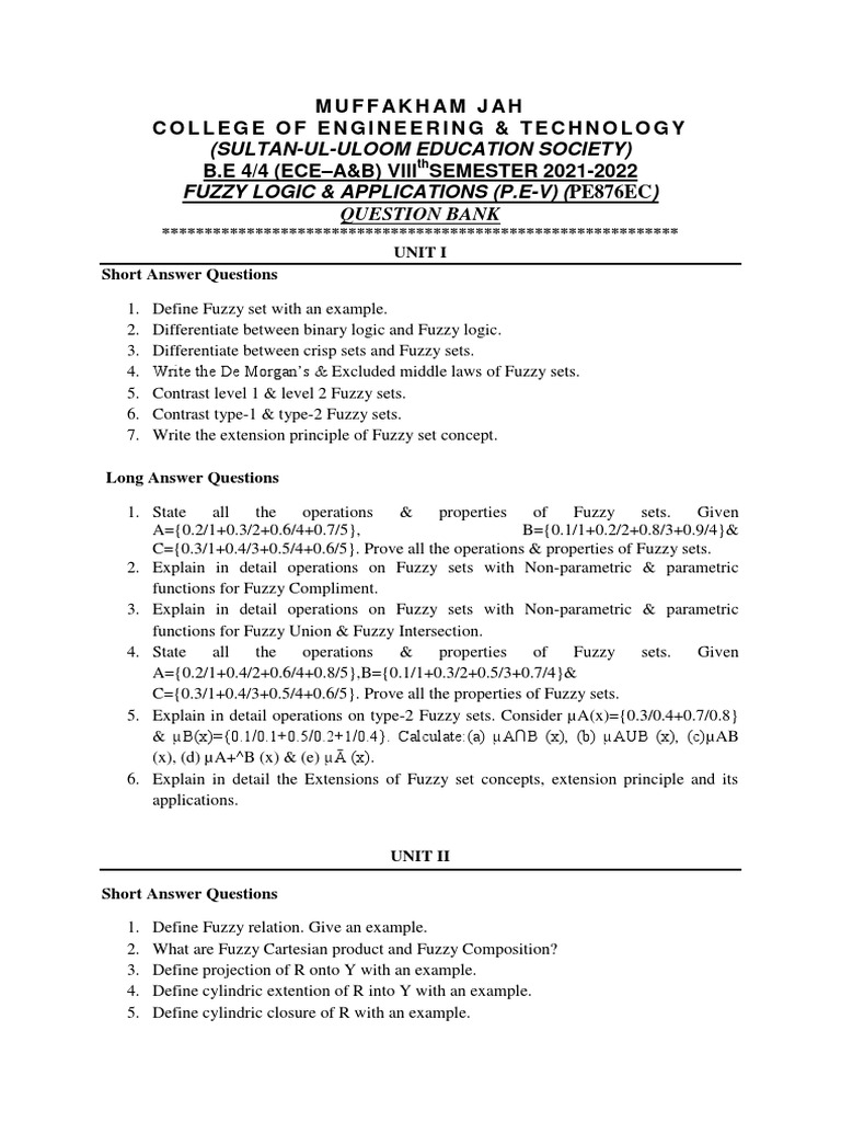 Fla Question Bank 2021-2022 | PDF | Fuzzy Logic | Mathematical Logic