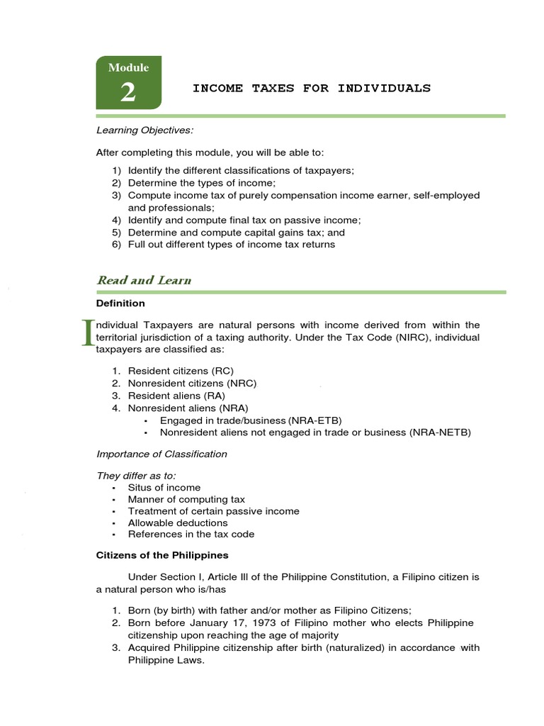 Module 2 Income Taxes For Individuals Lecture Notes Pdf Capital