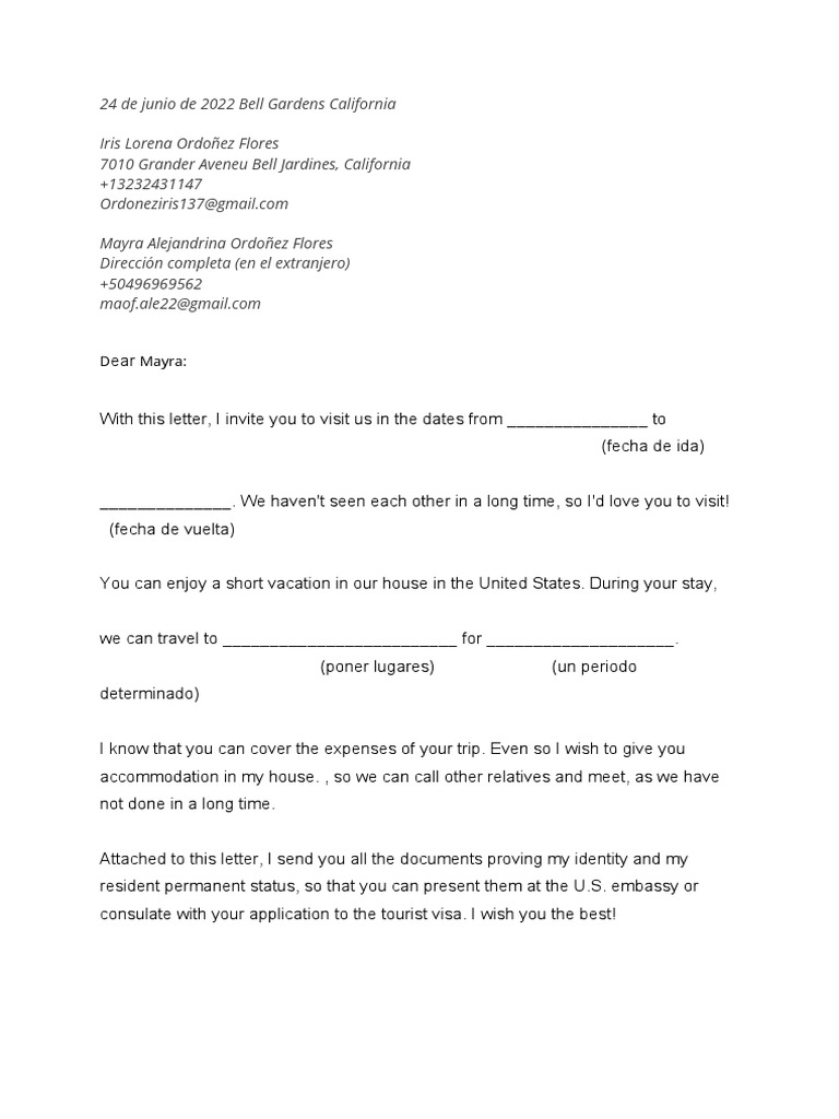 Ejemplo De Carta De Invitación Para Visa De Turista Modelo Carta