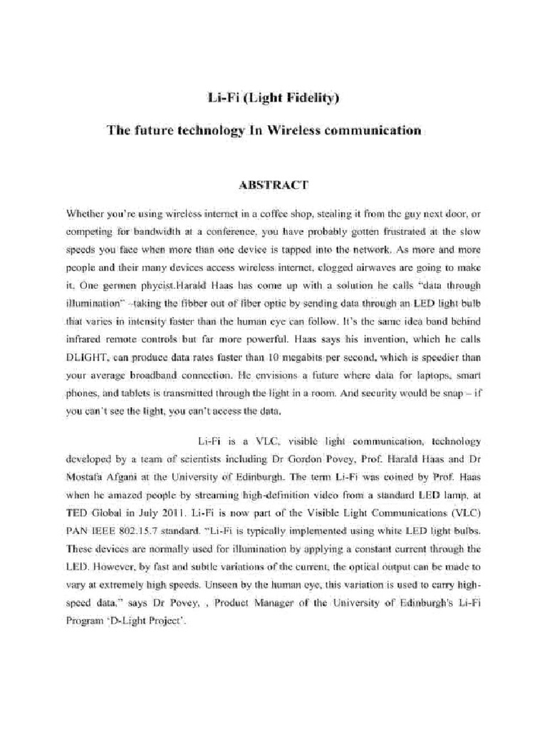 Technical Seminar Report On Lifi Technology | PDF