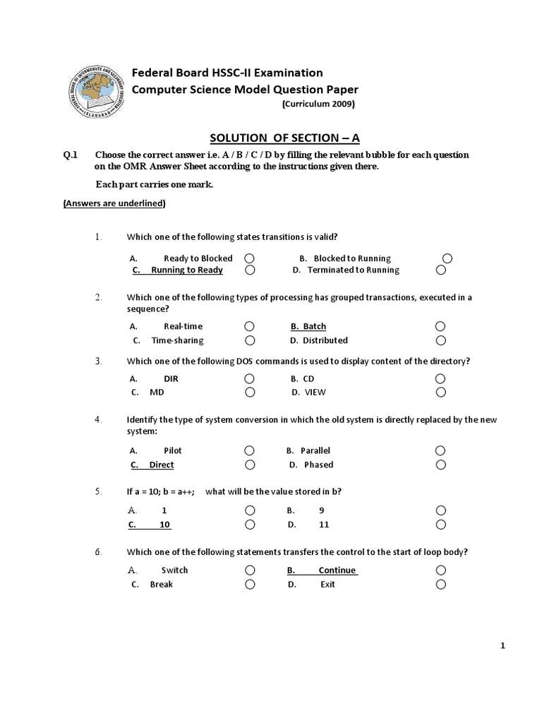 Computer Science HSSC-II Solution | PDF | Thread (Computing) | Process (Computing)