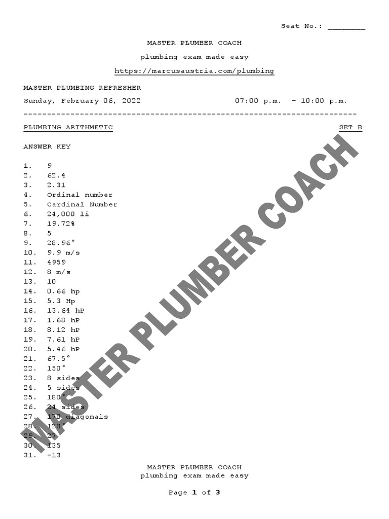 Plumbing Arithmetic Refresher Set B - ANSWER KEY | PDF