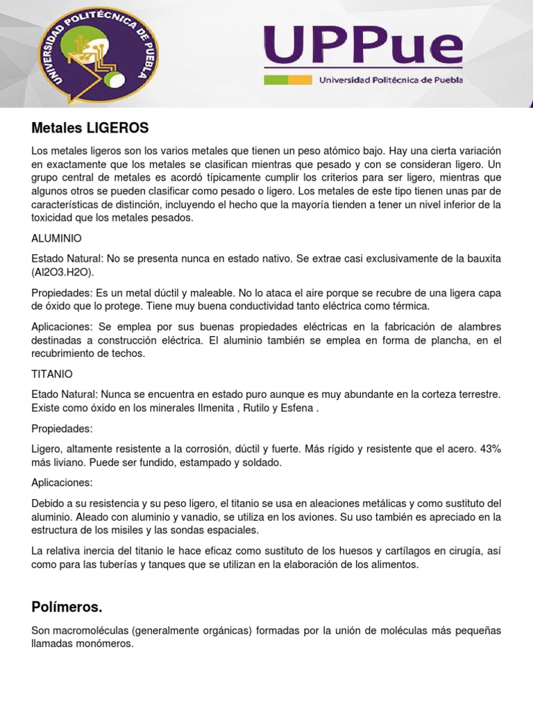 Metales Ligeros y Polímeros: Propiedades y Usos | PDF | Polímeros | Rieles