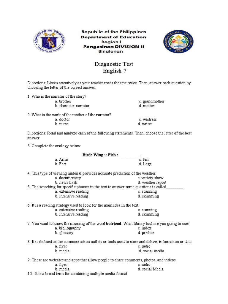 Grade 7 Diagnostic Test | PDF | Communication | Verb